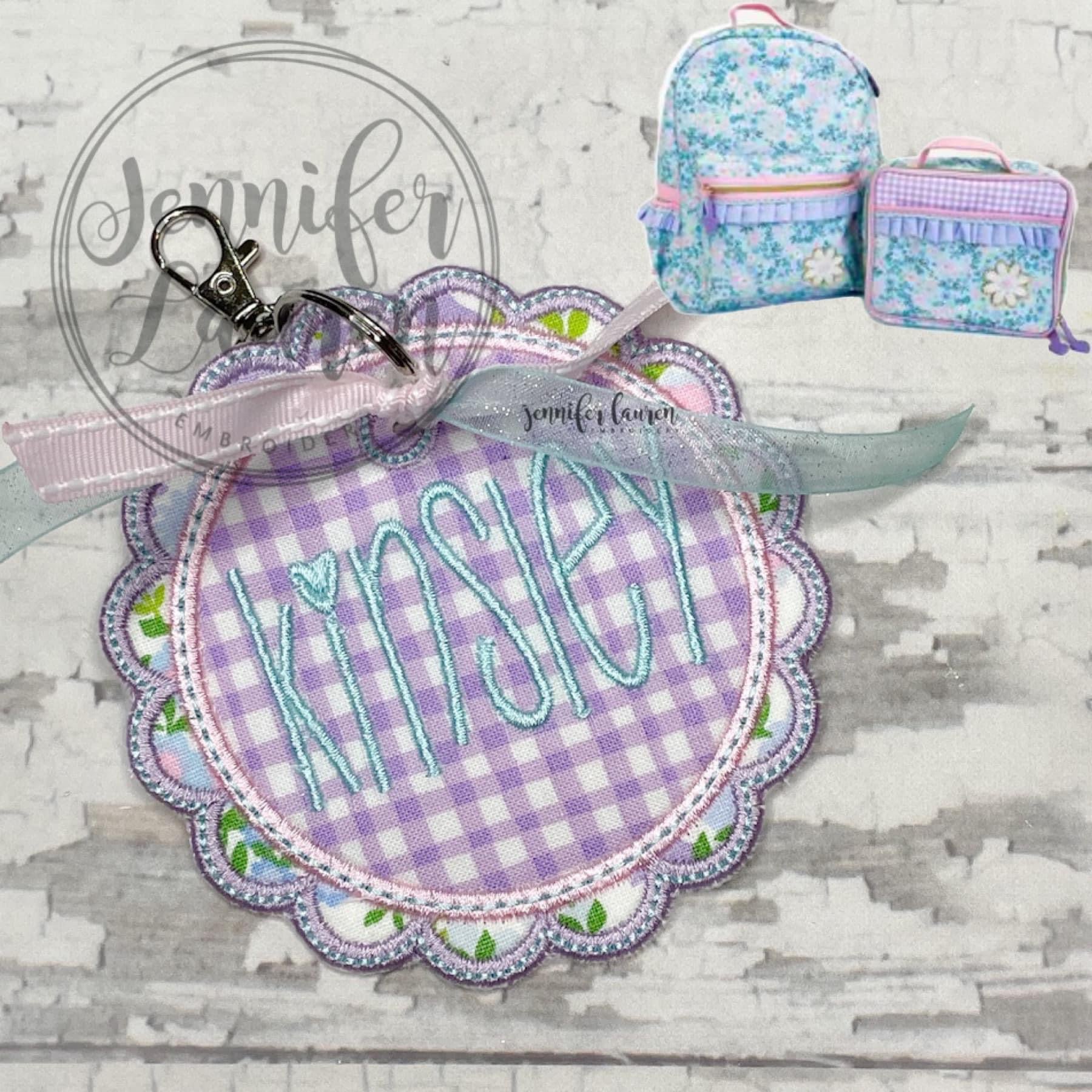 Scallop circle fabric name tag - satin border M2M L&G – Jennifer Lauren ...